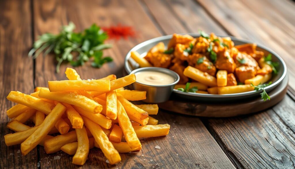 Butter Chicken mit Knoblauchsauce und knusprigen Pommes