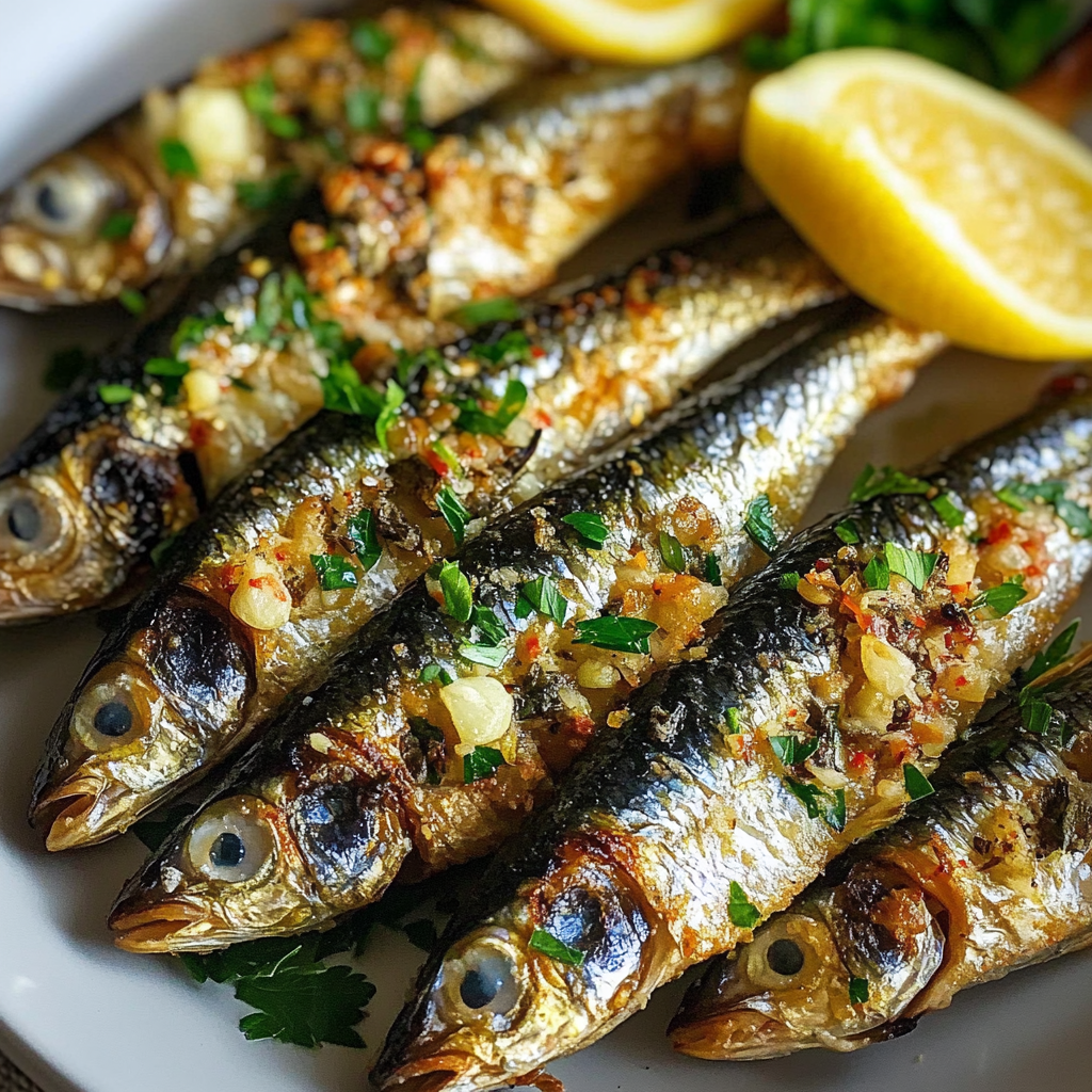 Gebackene Sardinen mit Knoblauch und Petersilie