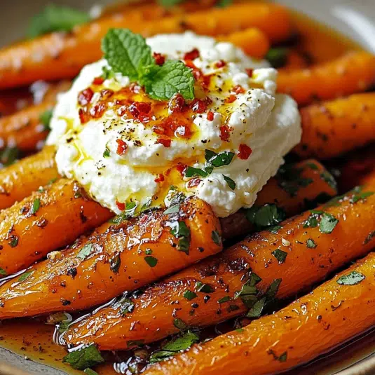 Geröstete Karotten mit geschlagener Ricotta und scharfer Honigsoße